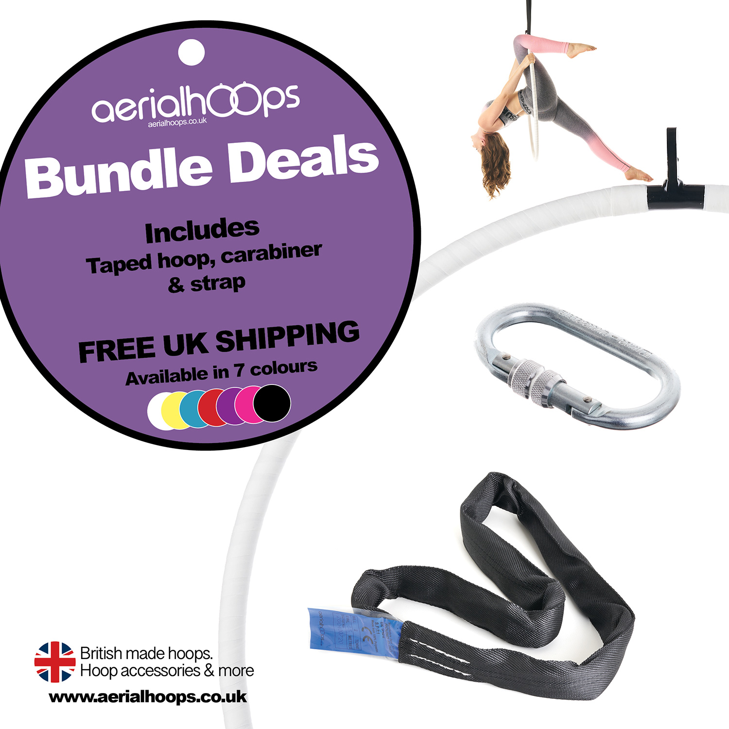 British made aerial hoops £80, accessories and more. Free UK shipping